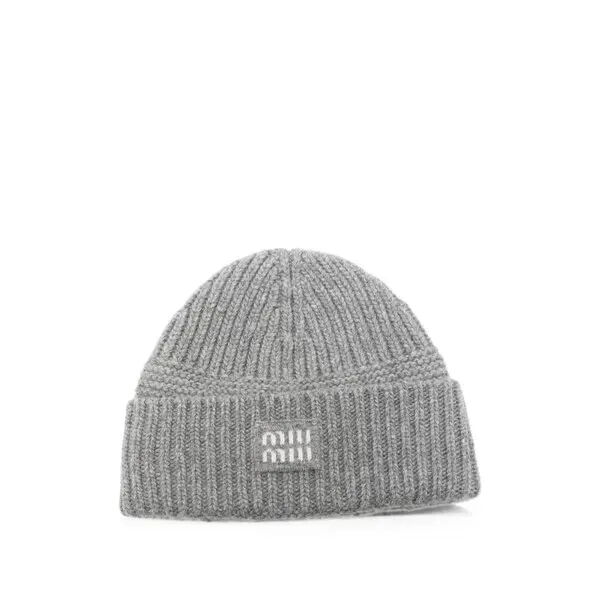 Miu Miu Cashmere And Virgin Wool Ribbed Beanie Hat - Gray