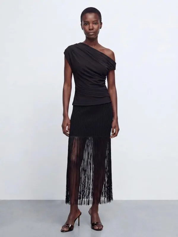 Alaïa Tubular Skirt With Fringes - Black