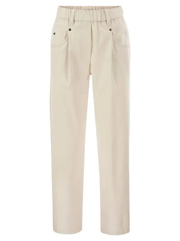 Brunello Cucinelli Baggy Trousers In Stretch Cotton Cover-up With Shiny Bartack - Cream