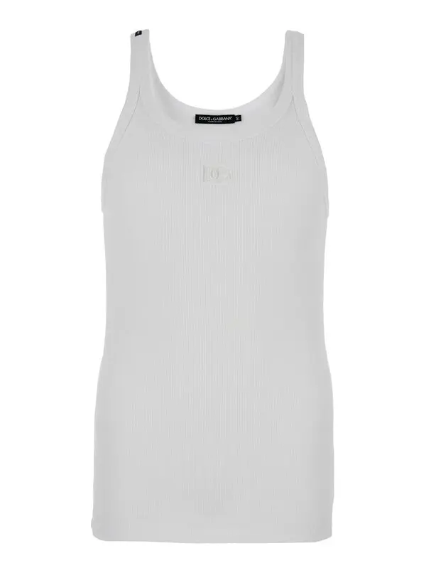Dolce & Gabbana Logo Embroidered Ribbed Cotton Sleeveless Top - White