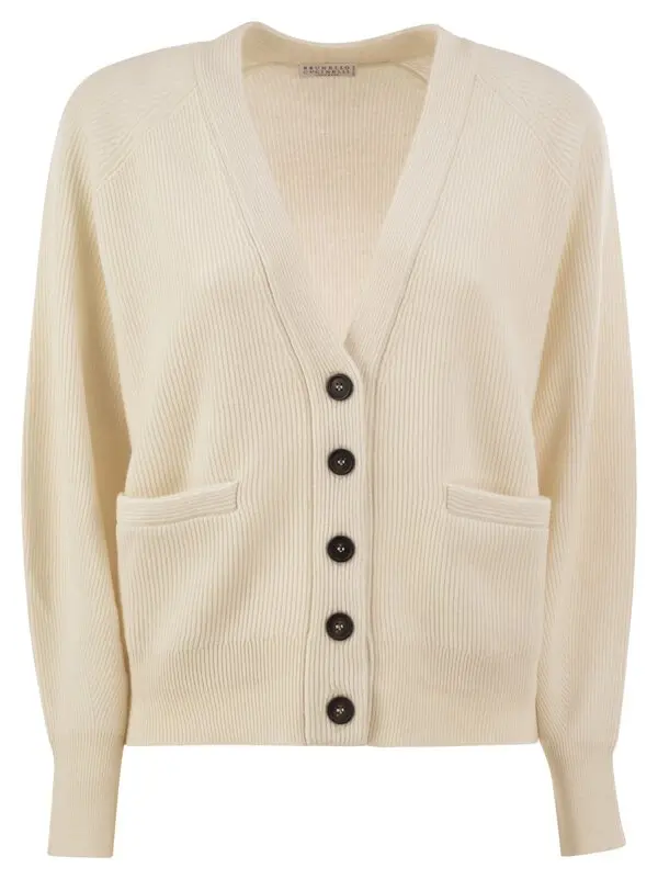 Brunello Cucinelli Ribbed Cashmere V-neck Cardigan - Cream
