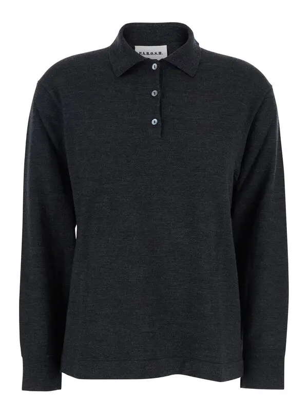 P.a.r.o.s.h Grey Polo Shirt With Classic Collar And Long Sleeves In Wool - Gray