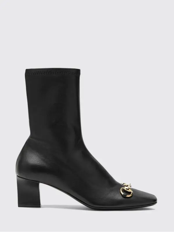 Gucci Signora Stretch Leather Ankle Boots With Horsebit And Block Heel - Black