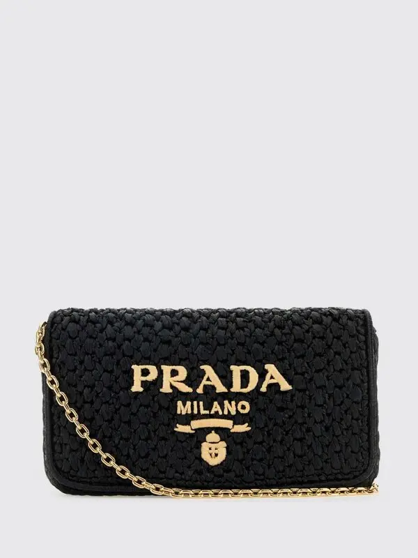 Prada Raffia Shoulder Bag With Embroidered Logo - Black