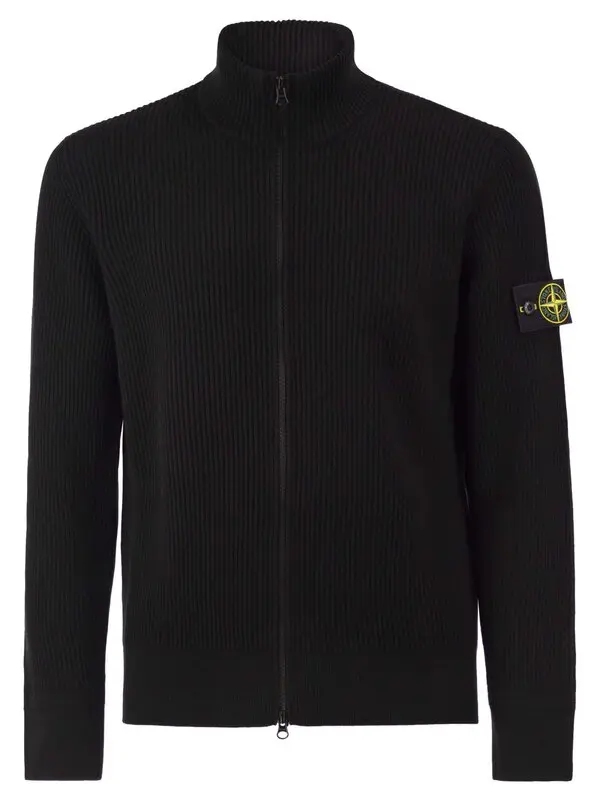 Stone Island Virgin Wool Ribbed Cardigan With High Neck And Zip - Black