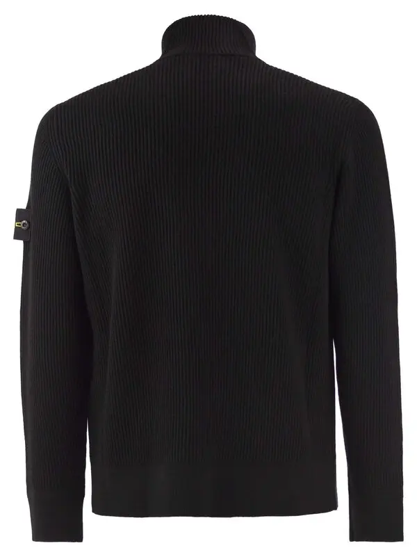 Stone Island Virgin Wool Ribbed Cardigan With High Neck And Zip - Black