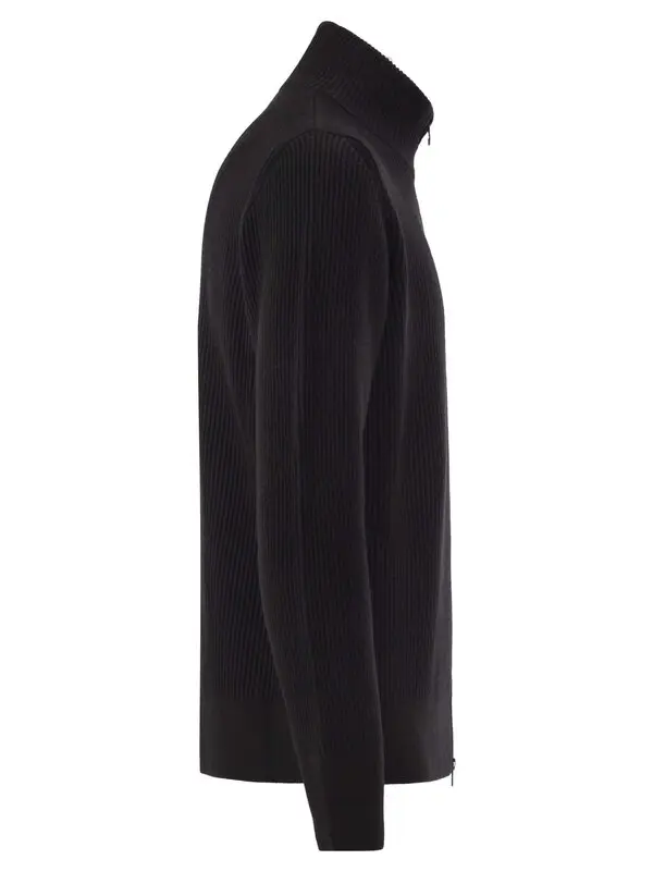 Stone Island Virgin Wool Ribbed Cardigan With High Neck And Zip - Black
