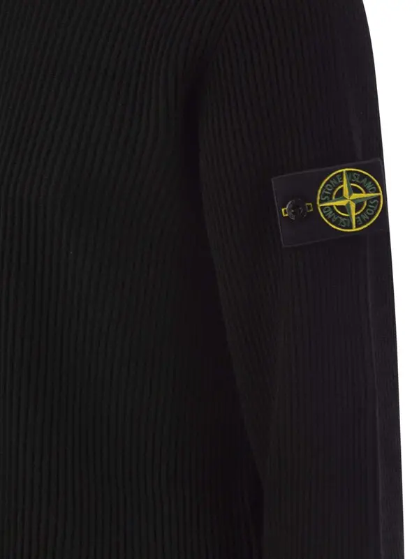 Stone Island Virgin Wool Ribbed Cardigan With High Neck And Zip - Black