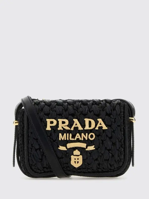 Prada Mini Raffia Shoulder Bag With Embroidered Logo