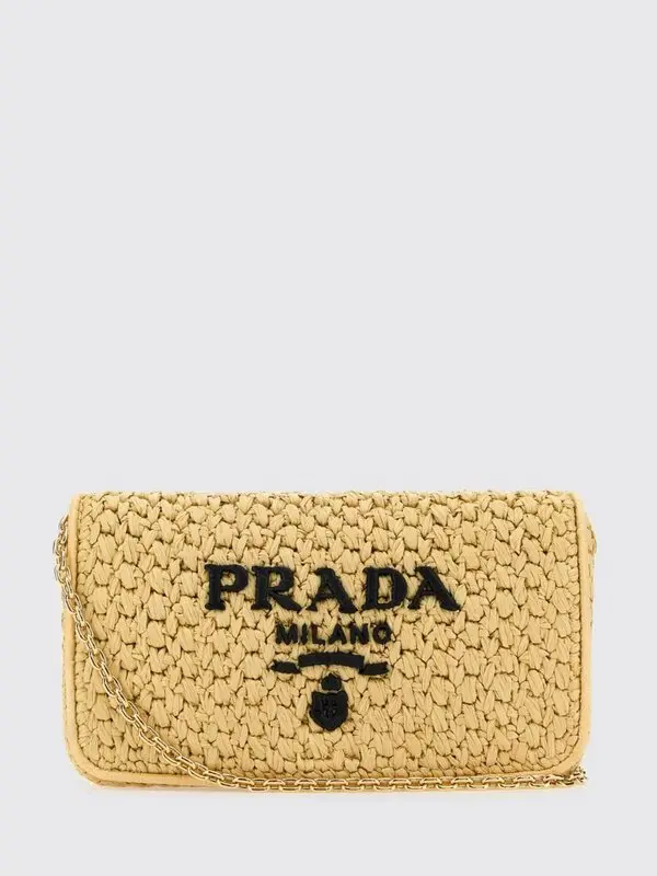 Prada Raffia Shoulder Bag With Embroidered Logo - Cream