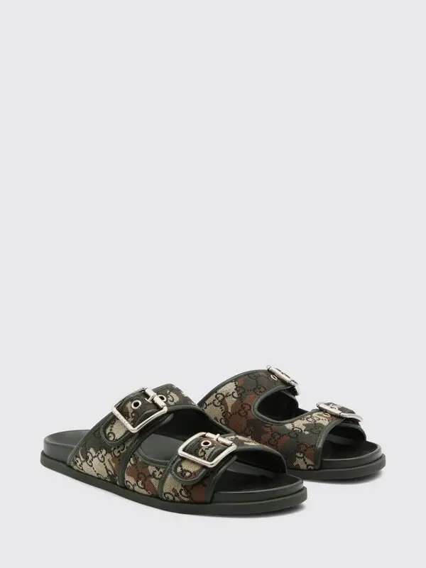 Gucci Leather And Cotton Jacquard Gg Monogram Camouflage Pattern Sandals - Brown