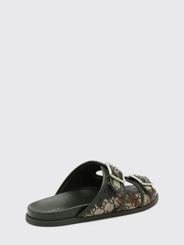 Gucci Leather And Cotton Jacquard Gg Monogram Camouflage Pattern Sandals - Brown