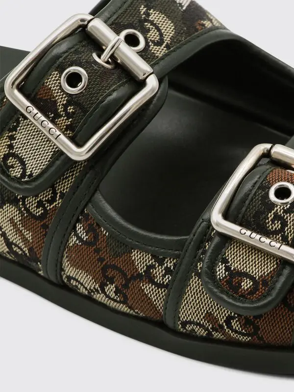 Gucci Leather And Cotton Jacquard Gg Monogram Camouflage Pattern Sandals - Brown