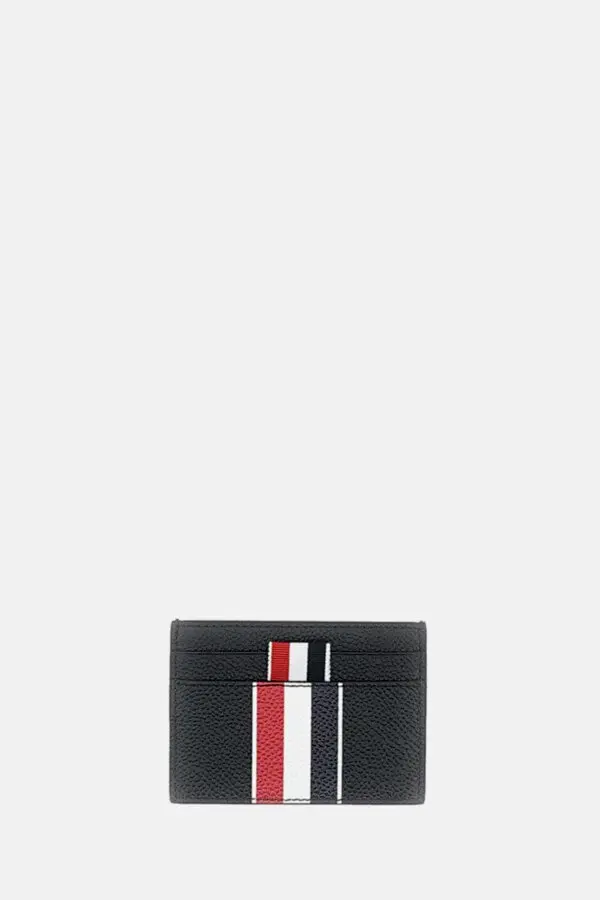 Thom Browne Double Sided Card Holder W/ Rwb Stripe In Pebble Grain Leather - Multicolor