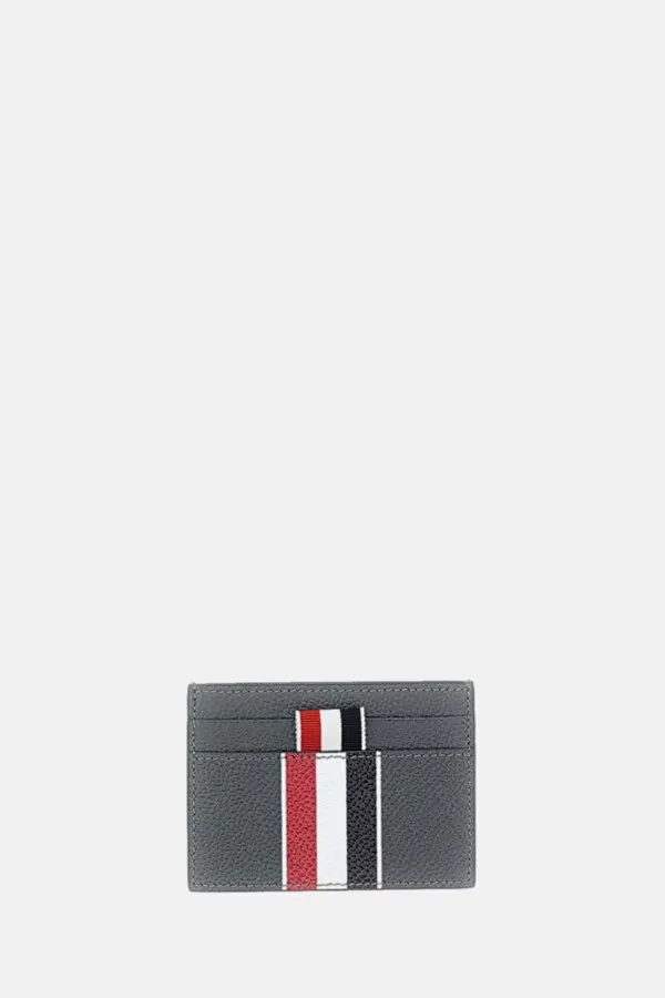 Thom Browne Double Sided Card Holder W/ Rwb Stripe In Pebble Grain Leather