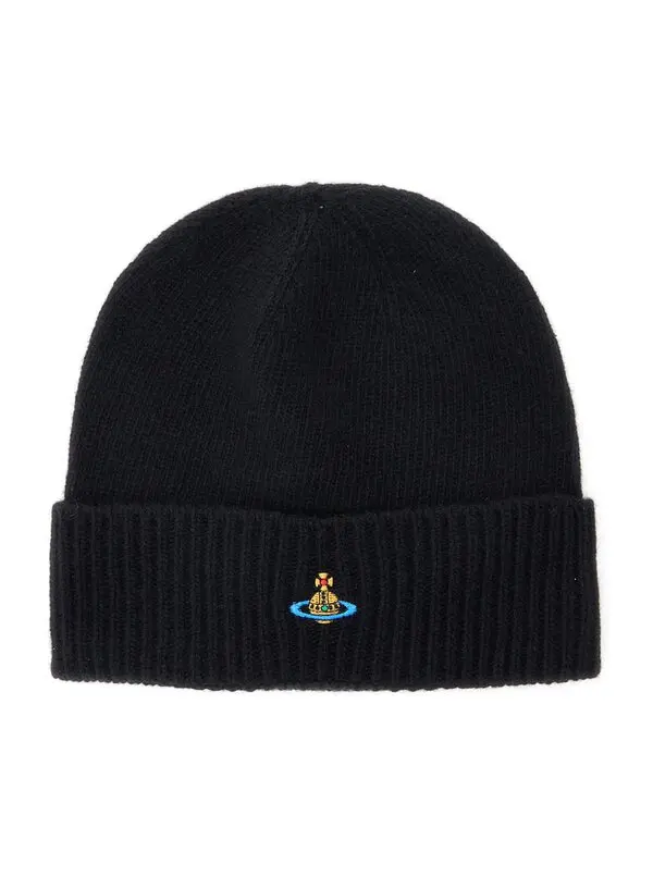 VIVIENNE WESTWOOD Black Beanie With Orb Patch On The Front And Ribbed Brim In Cashmere - Multicolor