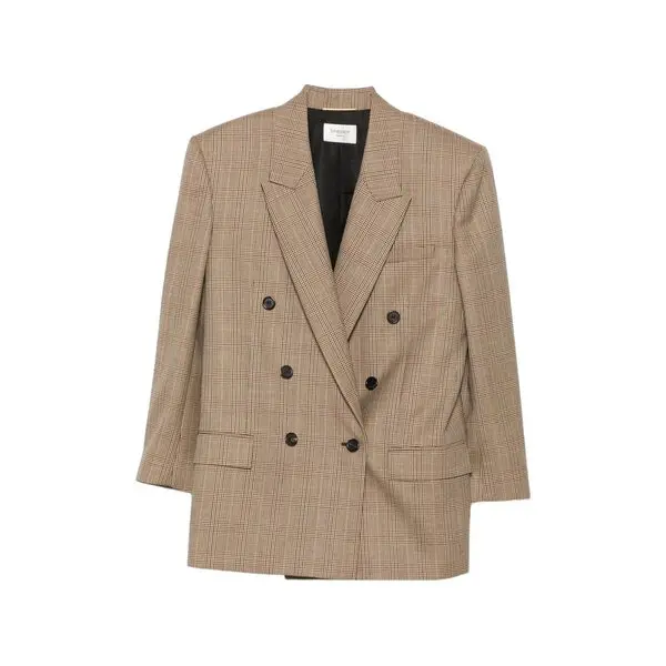 Saint Laurent Wool Check Double-breasted Blazer - Brown