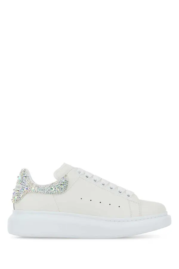 Alexander McQueen Leather Sneakers With Embellished Suede Heel - White