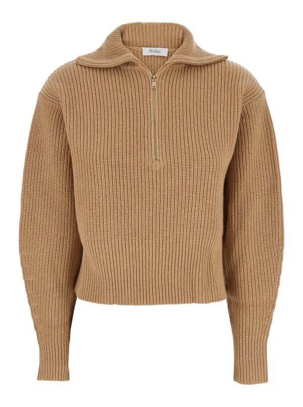 Max Mara Beige Turtleneck Sweater With Ribbed Design In Wool And Cashmere Blend - Multicolor