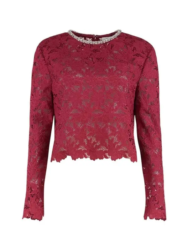 SELF-PORTRAIT Crystal Embellished Lace Long Sleeve Top - Red