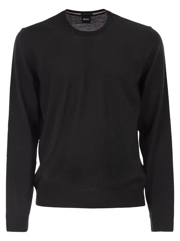 BOSS Slim Fit Crew Neck Jumper In Merino Wool - Black