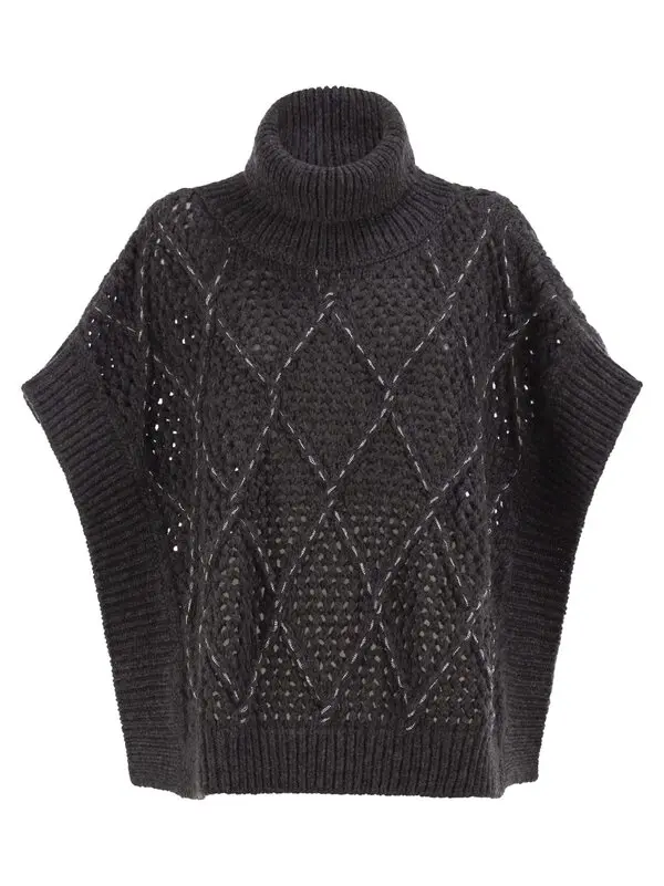 Peserico Virgin Wool Openwork Knit Roll-neck Poncho