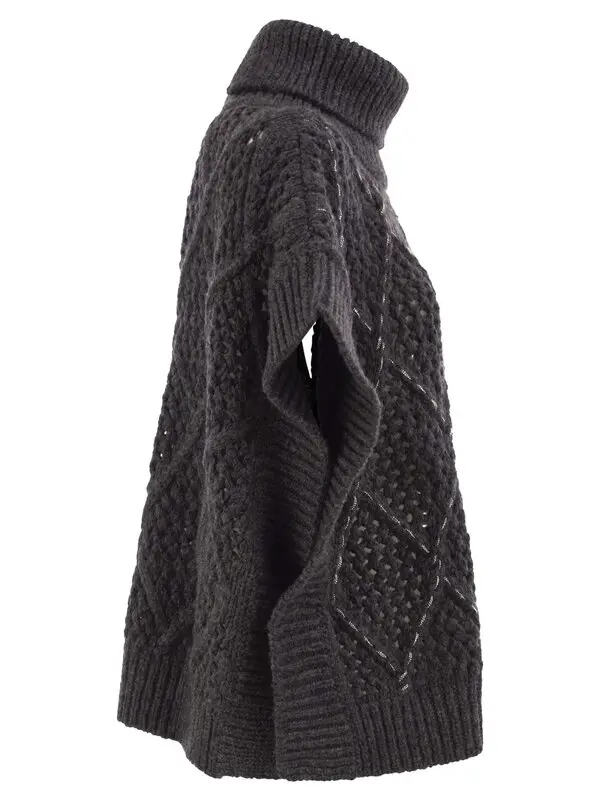Peserico Virgin Wool Openwork Knit Roll-neck Poncho