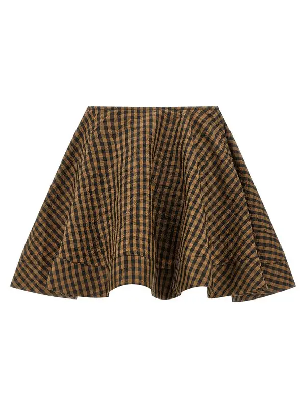 GANNI Crinkled Taffeta Check Mini Skirt - Brown