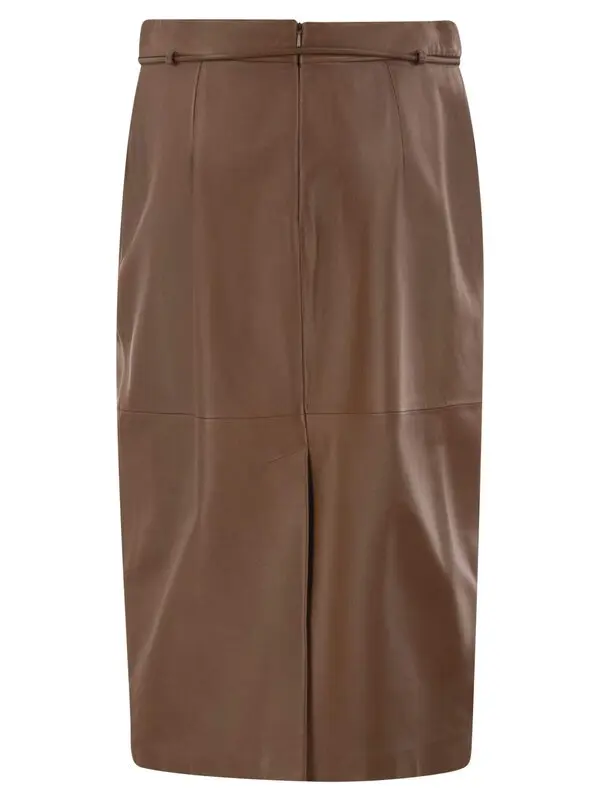 Max Mara Lamb Leather Midi Skirt With Leather Belt - Brown