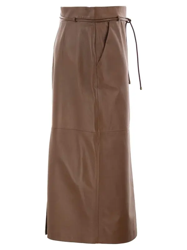Max Mara Lamb Leather Midi Skirt With Leather Belt - Brown