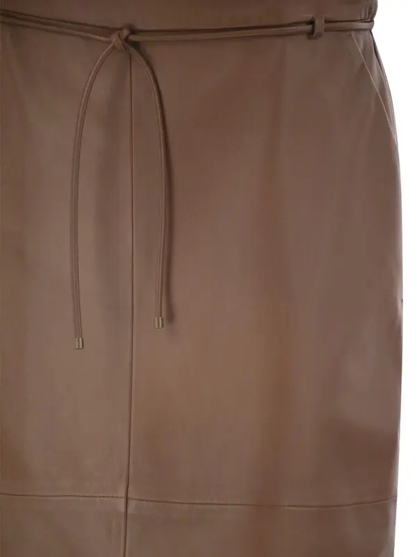 Max Mara Lamb Leather Midi Skirt With Leather Belt - Brown