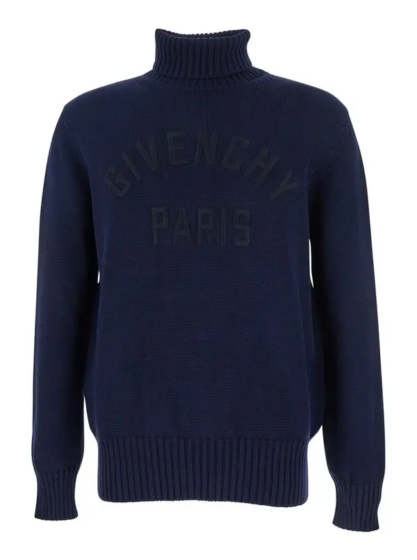 Givenchy Blue Turtleneck Sweater With Logo Lettering On The Front In Wool