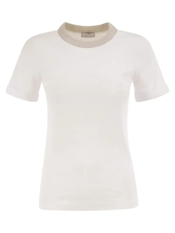 Peserico Stretch Cotton Jersey T-shirt With Lamé Knit Neckline - White