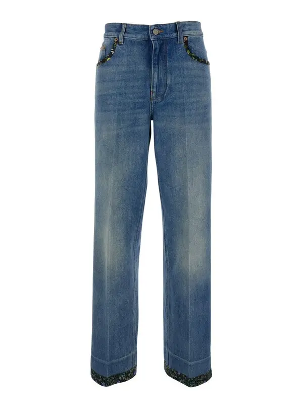Valentino Garavani Blue Jeans With Logo Patch On The Rear And Floral Details In Denim - Multicolor
