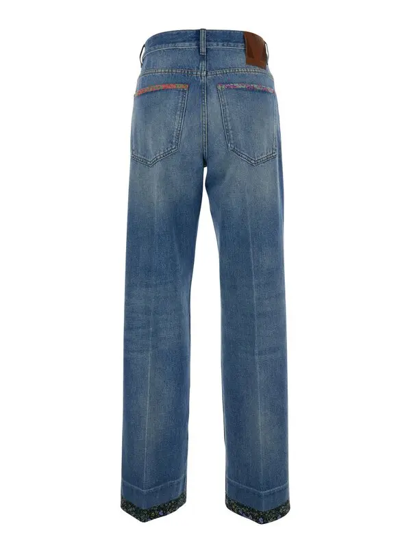 Valentino Garavani Blue Jeans With Logo Patch On The Rear And Floral Details In Denim - Multicolor