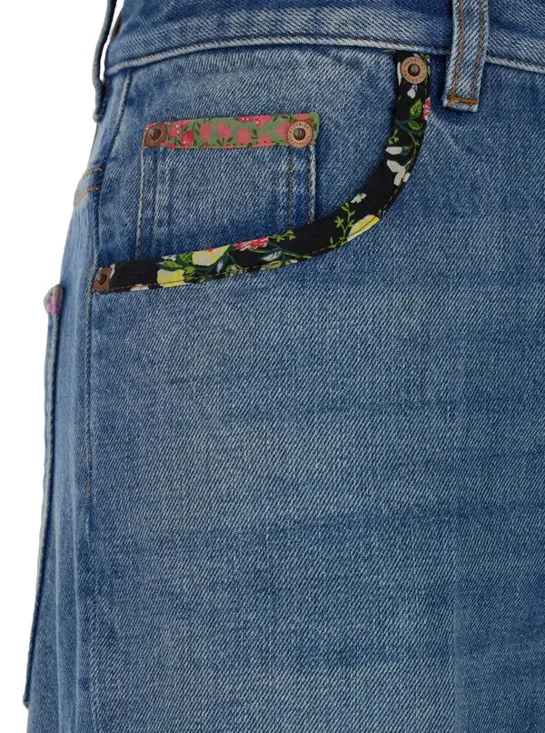 Valentino Garavani Blue Jeans With Logo Patch On The Rear And Floral Details In Denim - Multicolor
