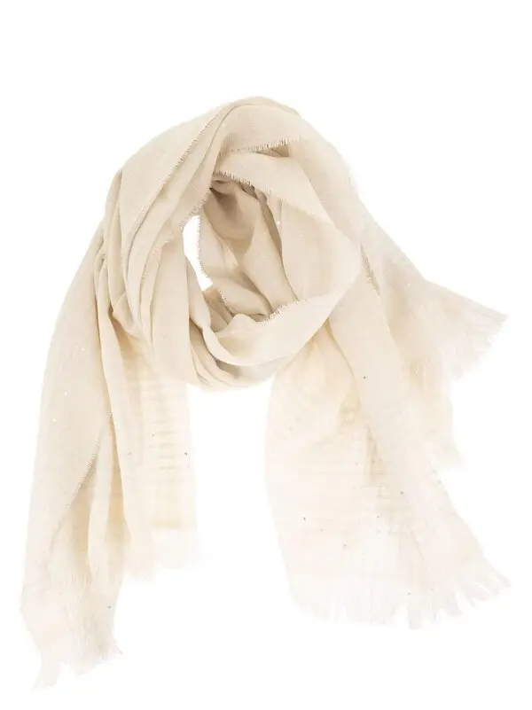 Peserico Virgin Wool Scarf With Check Pattern, Sequins And Lurex Details - Cream