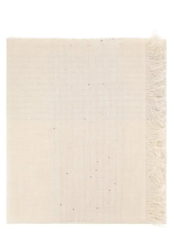 Peserico Virgin Wool Scarf With Check Pattern, Sequins And Lurex Details - Cream