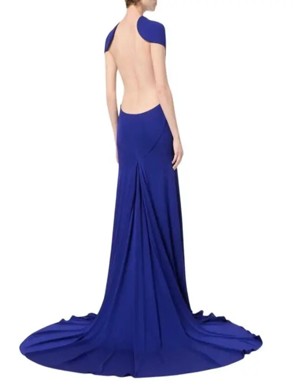 TOM FORD Backless Evening Dress With Cap Sleeves And Train - Blue