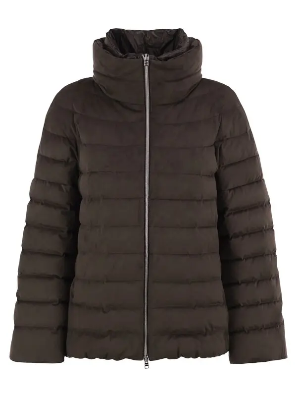 Herno Technical Suede-effect Down Jacket With Padded High Collar - Brown