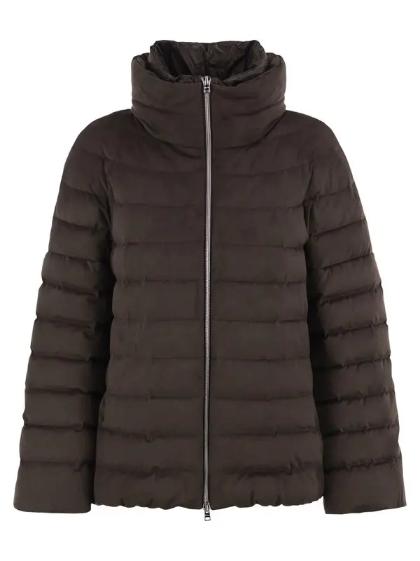 Herno Technical Suede-effect Down Jacket With Padded High Collar - Brown