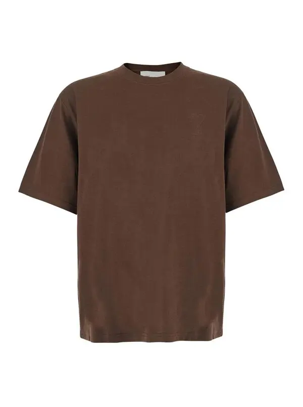AMI Paris Brown Round Neck T-shirt With Tone-on-tone Adc Embroidery On The Front In Cotton For - Multicolor