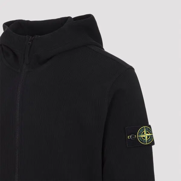 Stone Island Hooded Zip Up Sweater - Black