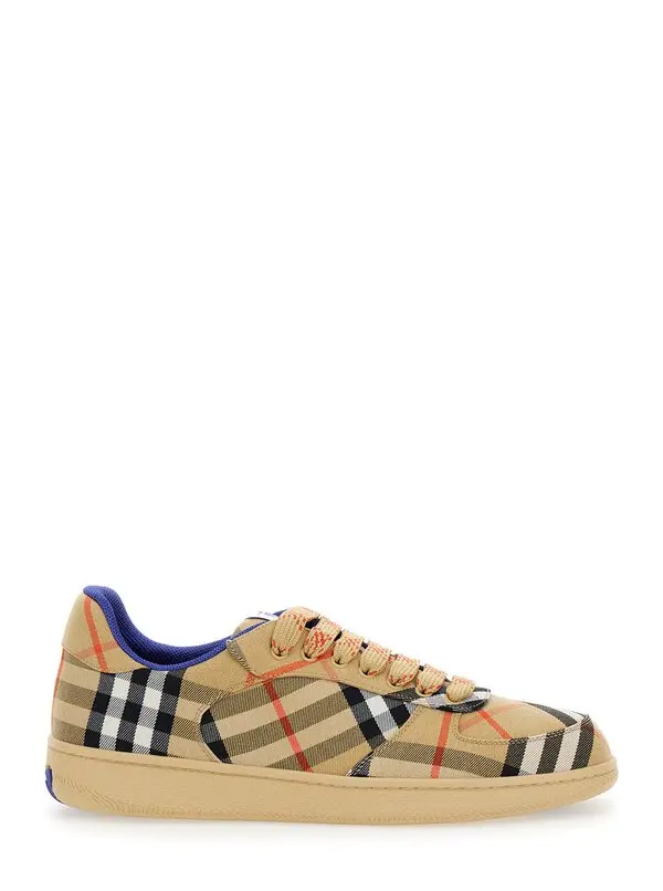 Burberry Low Sneakers With Check Motif In Cotton Blend And Tech Fabric Beige - Multicolor