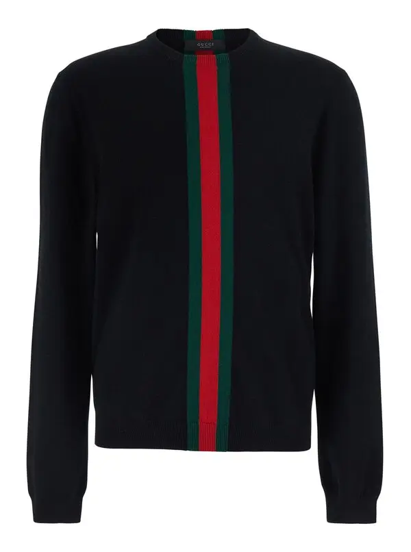 Gucci Blue Crewneck Sweater With Web Detail In Wool For