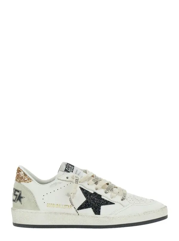 GOLDEN GOOSE Sneaker 'ballstar' Low Top With Star Patch With Glitter And Glitter Heel And Logo Lettering In Leather - White