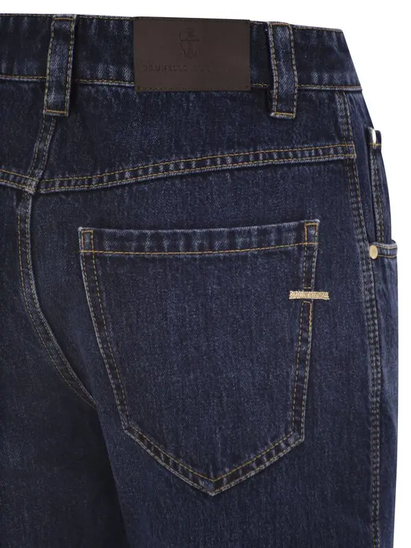 Brunello Cucinelli Straight Trousers In Authentic Denim With Shiny Bartack