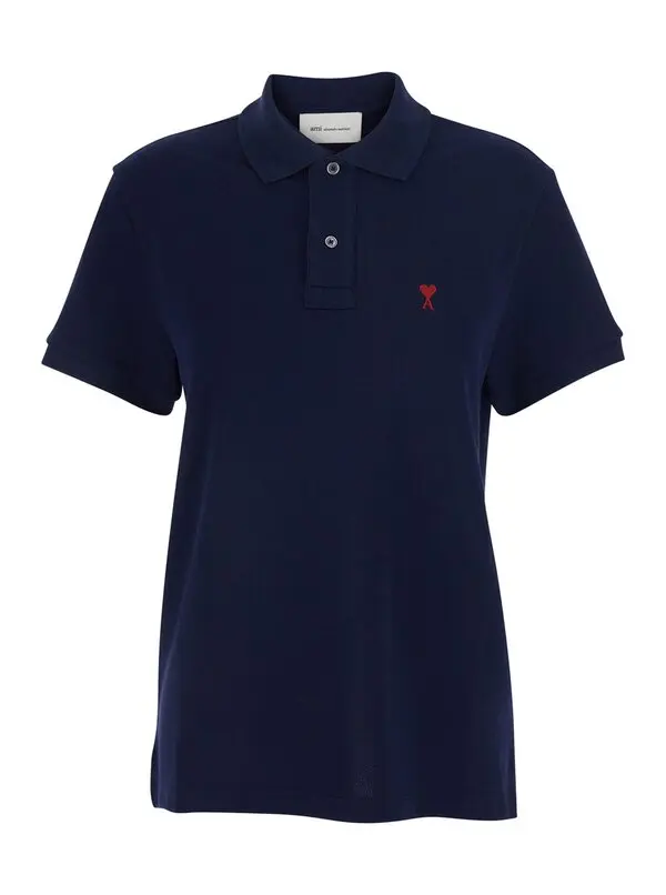 AMI Paris Polo Shirt With Classic Collar And Adc Embroidery On The Front In Blue Cotton For - Multicolor