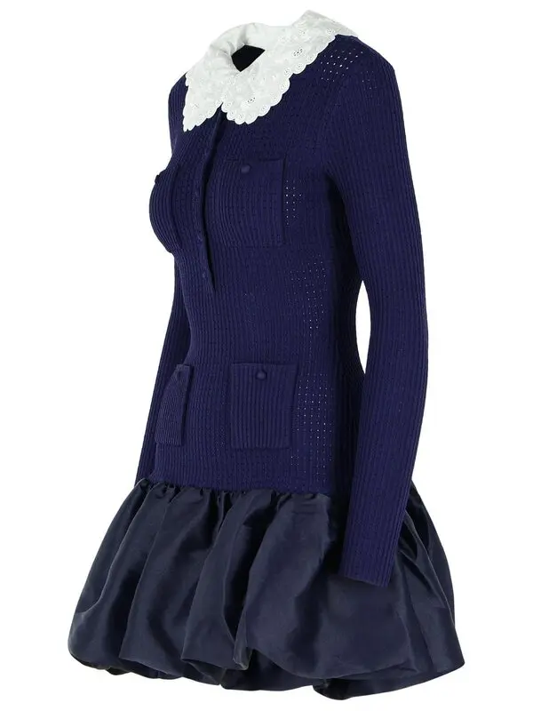 SELF-PORTRAIT Viscose Dress With Contrast Collar - Blue