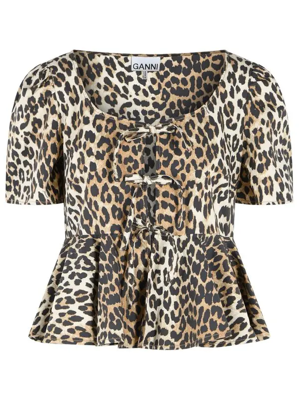 GANNI Leopard Print Cotton Blouse - Brown